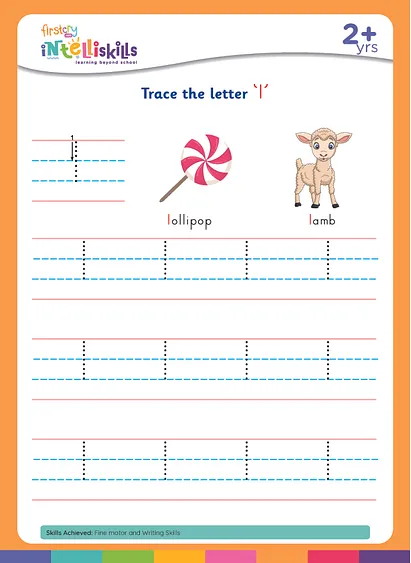 Trace the letter 'l' in four lines worksheet